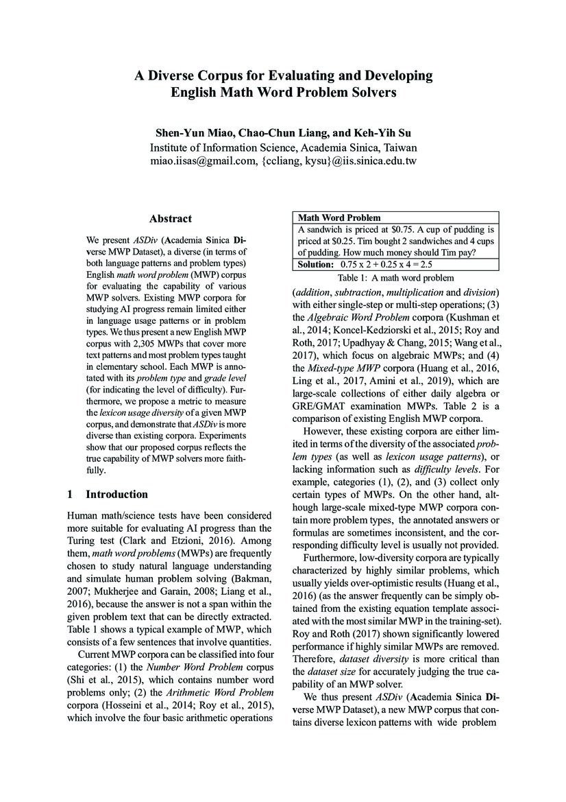 A Diverse Corpus for Evaluating and Developing English Math Word Problem Solvers | DeepAI