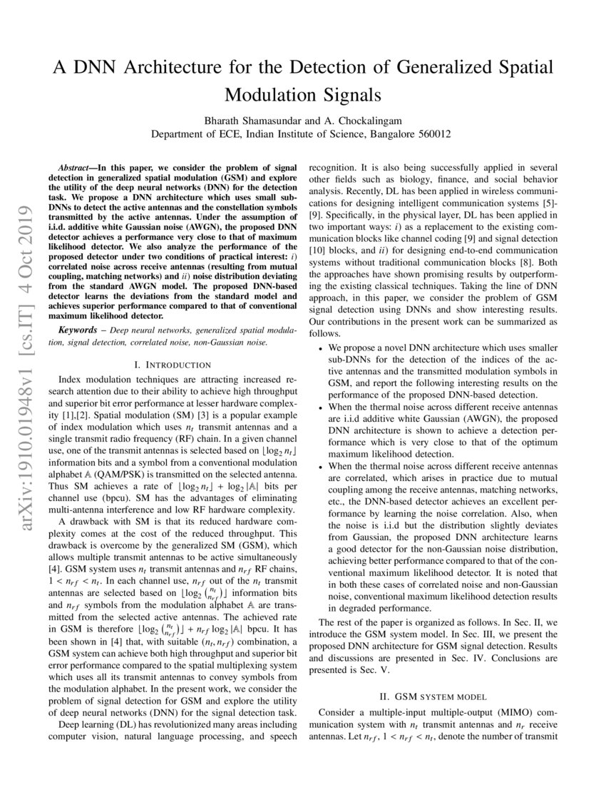 A Dnn Architecture For The Detection Of Generalized Spatial Modulation Signals Deepai