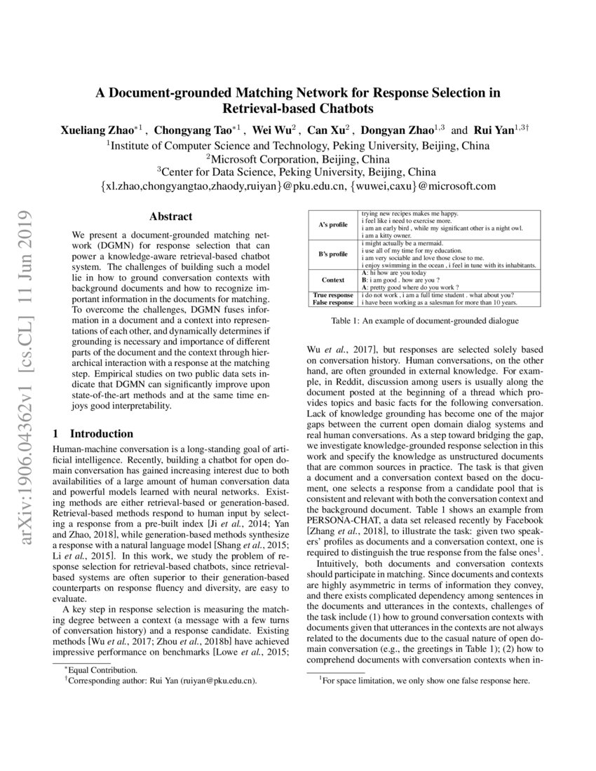 A Document Grounded Matching Network For Response Selection In Retrieval Based Chatbots Deepai