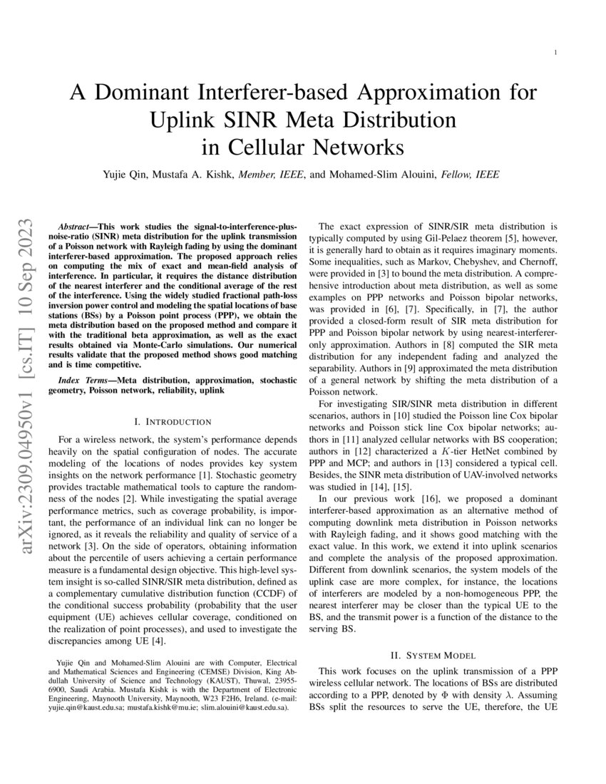 A Dominant Interferer-based Approximation for Uplink SINR Meta Distribution in Cellular Networks ...