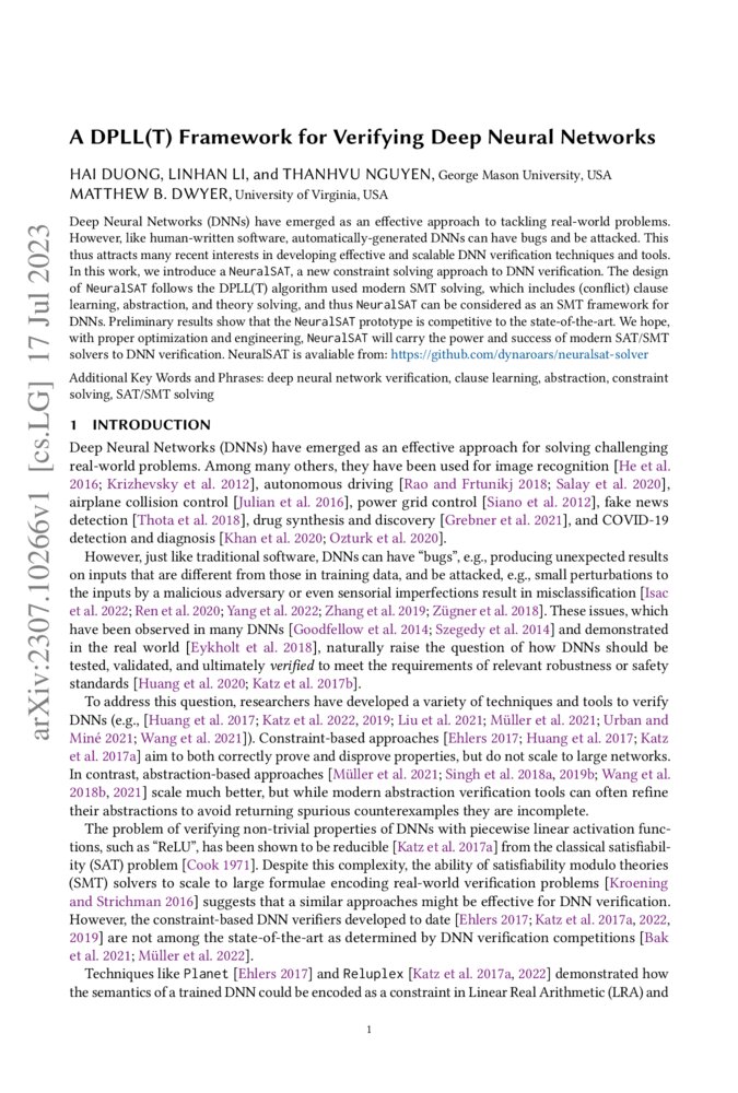 A DPLL(T) Framework for Verifying Deep Neural Networks | DeepAI