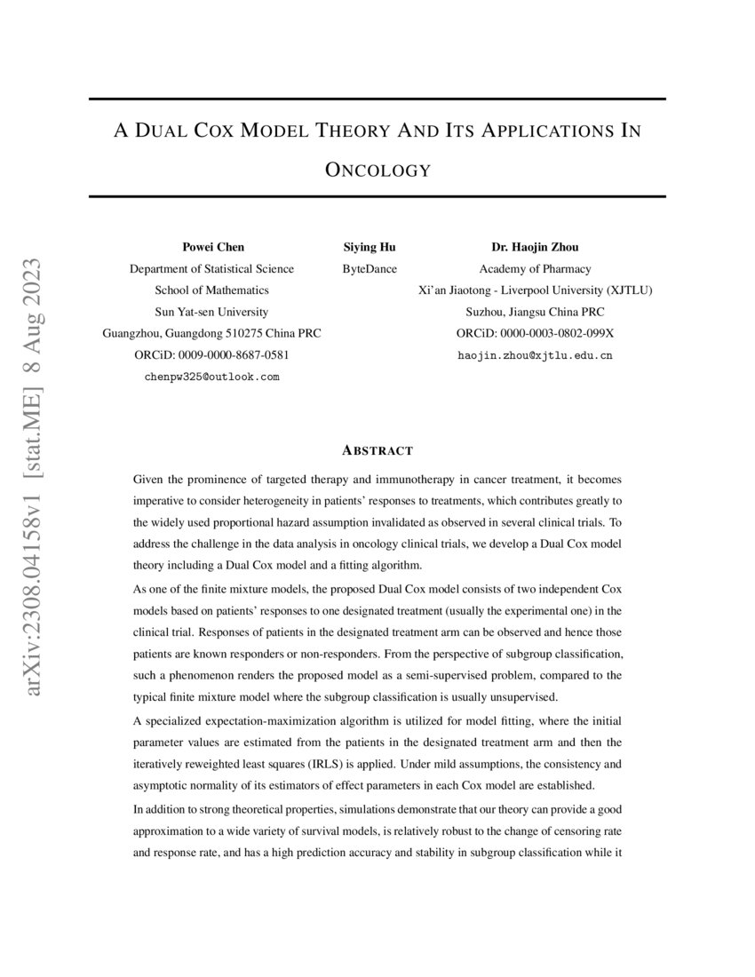 A Dual Cox Model Theory And Its Applications In Oncology | DeepAI
