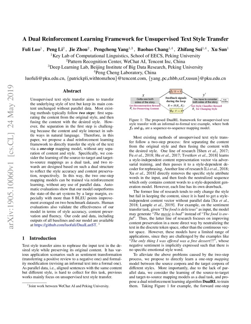 A Dual Reinforcement Learning Framework for Unsupervised Text Style Transfer | DeepAI