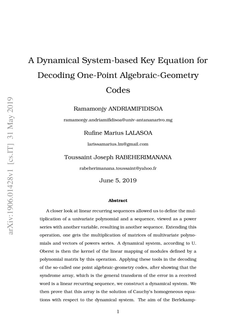 A Dynamical System-based Key Equation for Decoding One-Point Algebraic-Geometry Codes | DeepAI