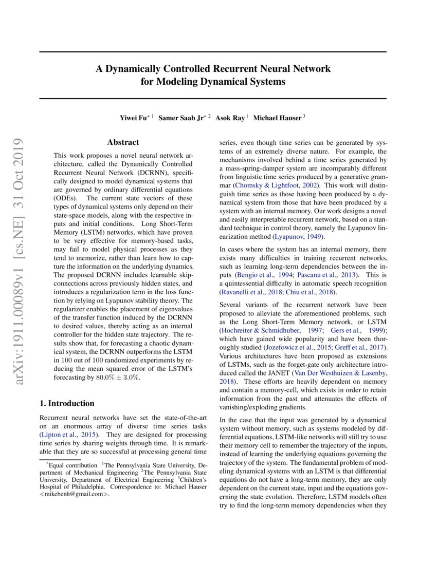 A Dynamically Controlled Recurrent Neural Network For Modeling Dynamical Systems Deepai