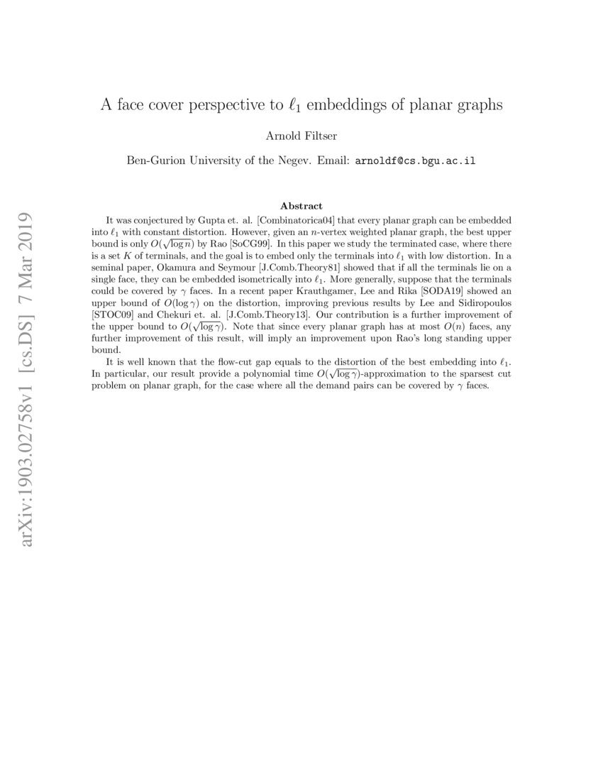 A Face Cover Perspective To ℓ1 Embeddings Of Planar Graphs Deepai