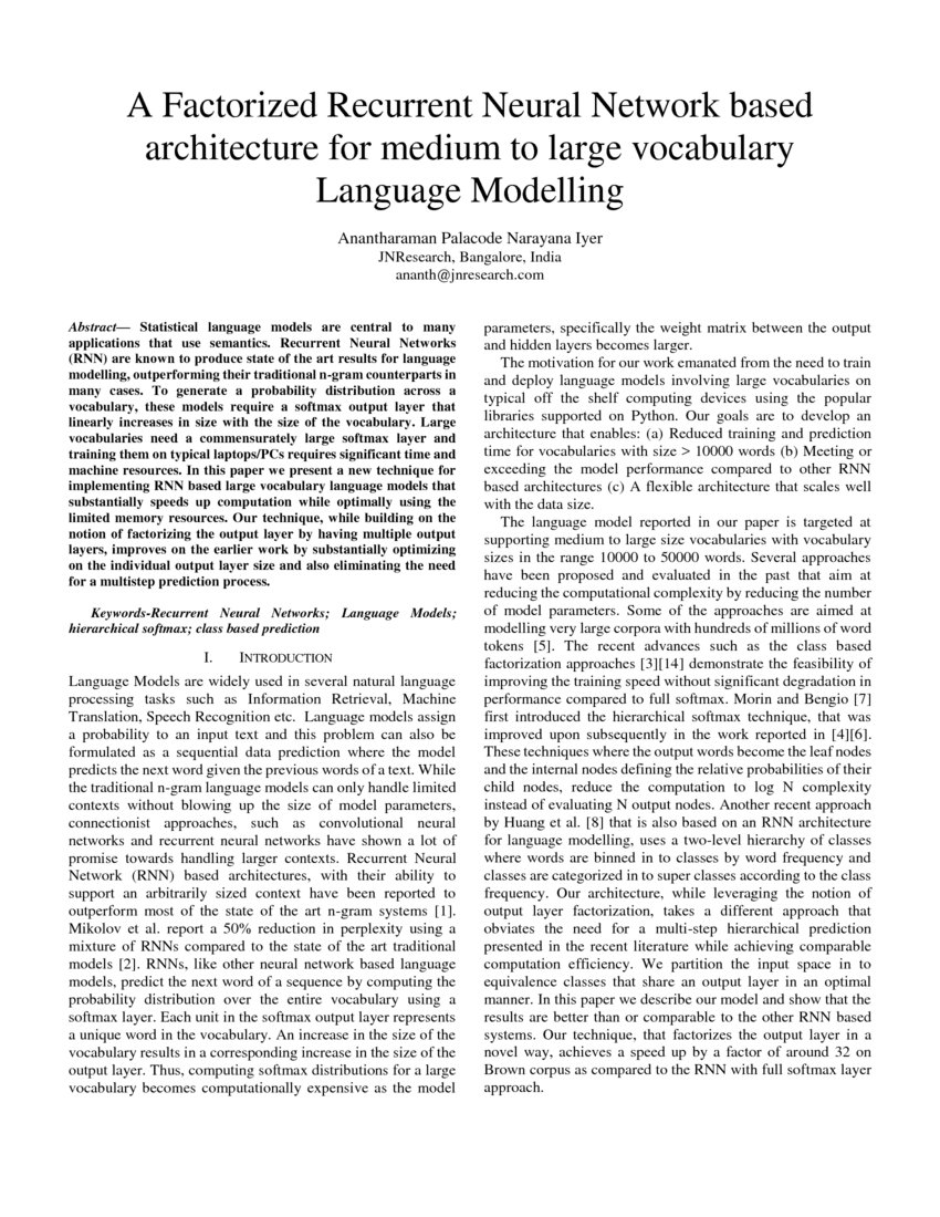 A Factorized Recurrent Neural Network based architecture for medium to large vocabulary Language ...