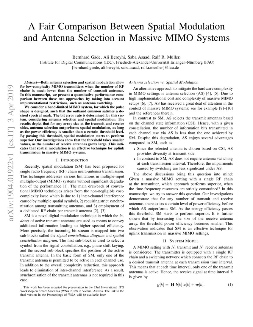 A Fair Comparison Between Spatial Modulation And Antenna Selection In