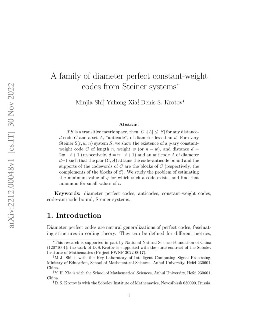 A family of diameter perfect constant-weight codes from Steiner systems | DeepAI