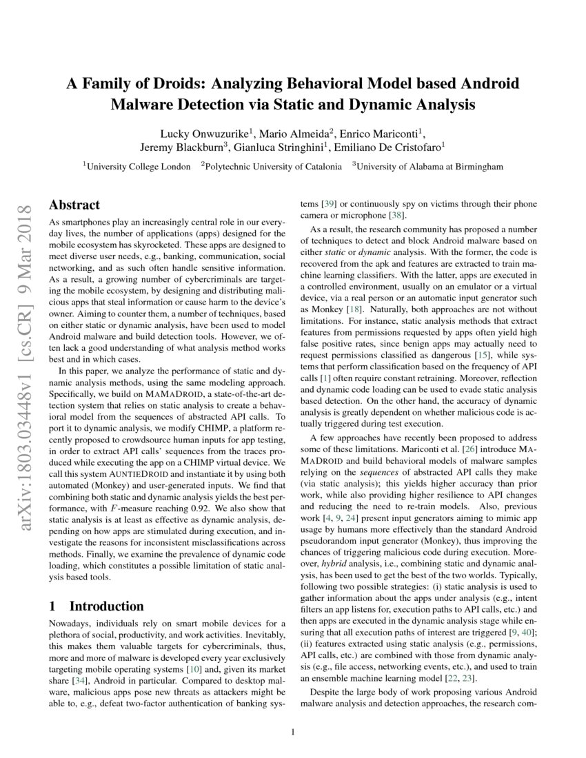 A Family of Droids: Analyzing Behavioral Model based Android Malware Detection via Static and ...