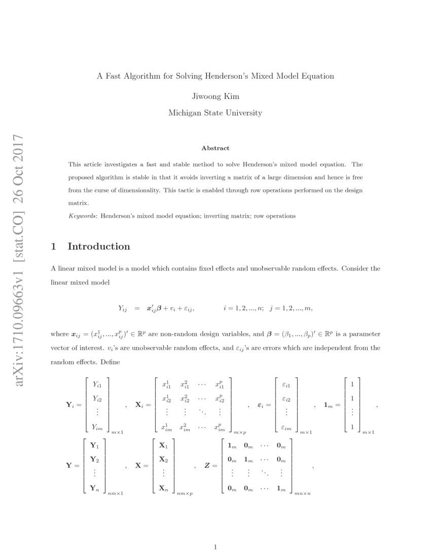 A Fast Algorithm for Solving Henderson's Mixed Model Equation | DeepAI