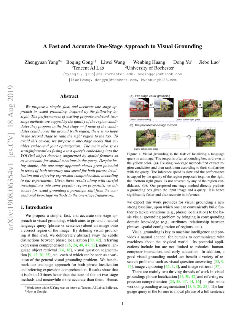 A Fast And Accurate One Stage Approach To Visual Grounding Deepai