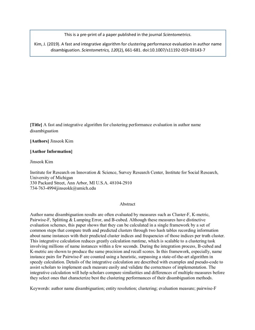 A Fast And Integrative Algorithm For Clustering Performance Evaluation