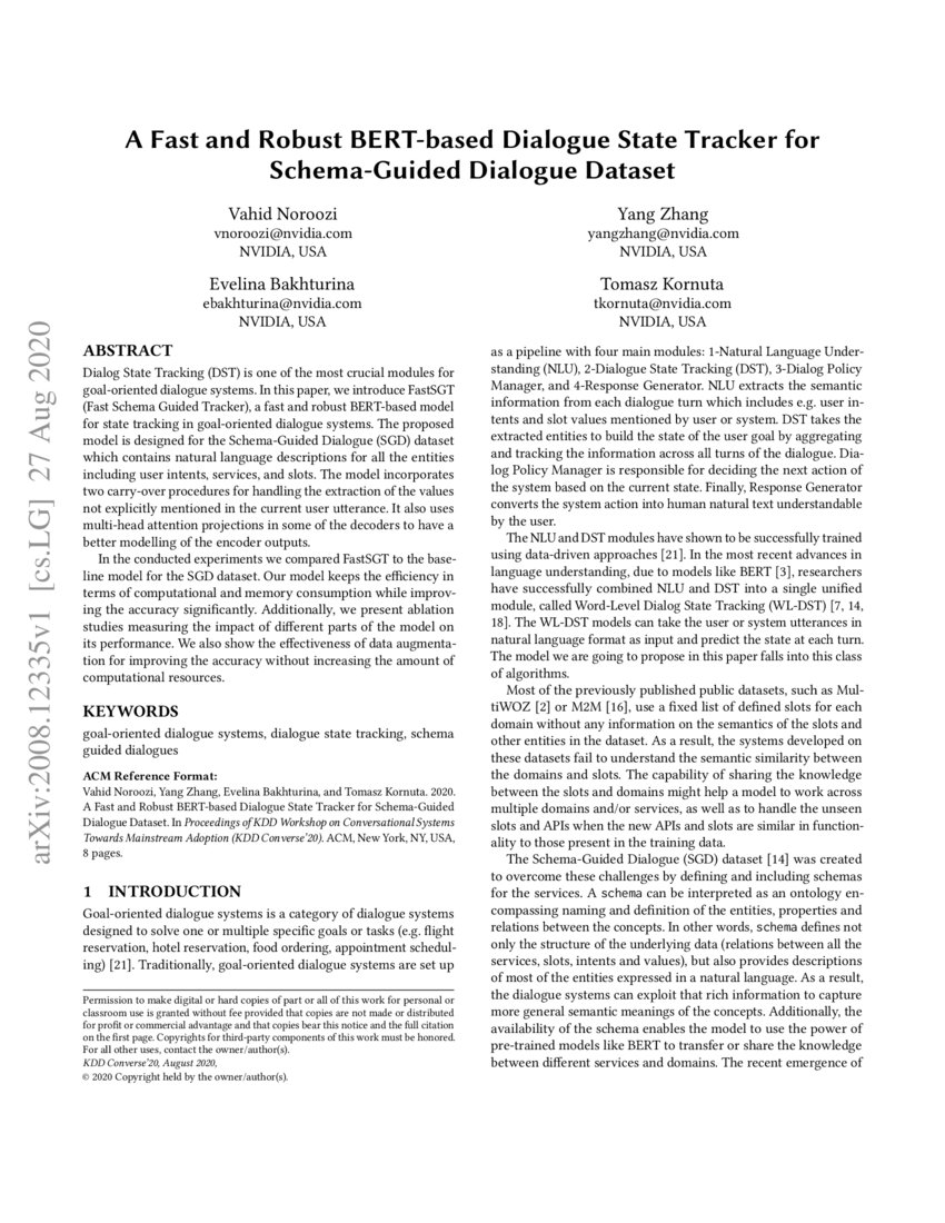 A Fast and Robust BERT-based Dialogue State Tracker for Schema-Guided Dialogue Dataset | DeepAI