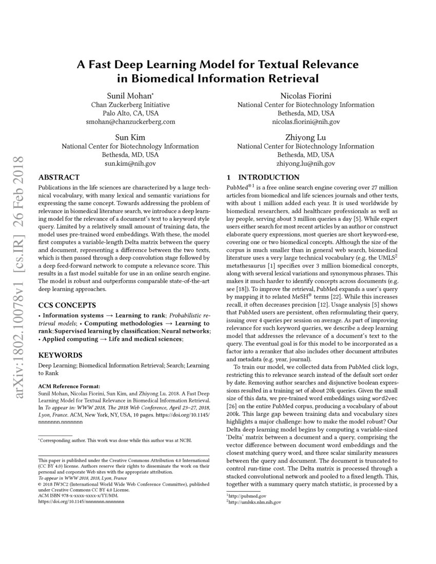 A Fast Deep Learning Model For Textual Relevance In Biomedical Information Retrieval Deepai