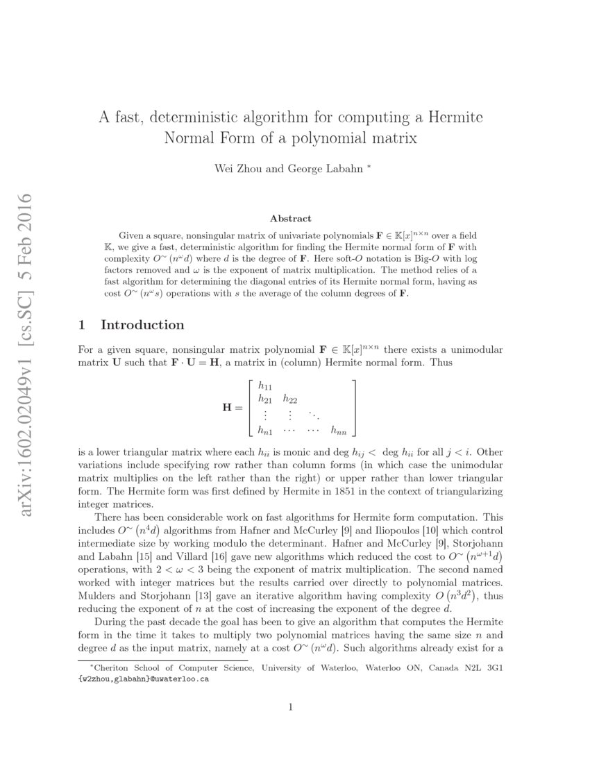 A Fast Deterministic Algorithm For Computing A Hermite Normal Form Of A Polynomial Matrix Deepai
