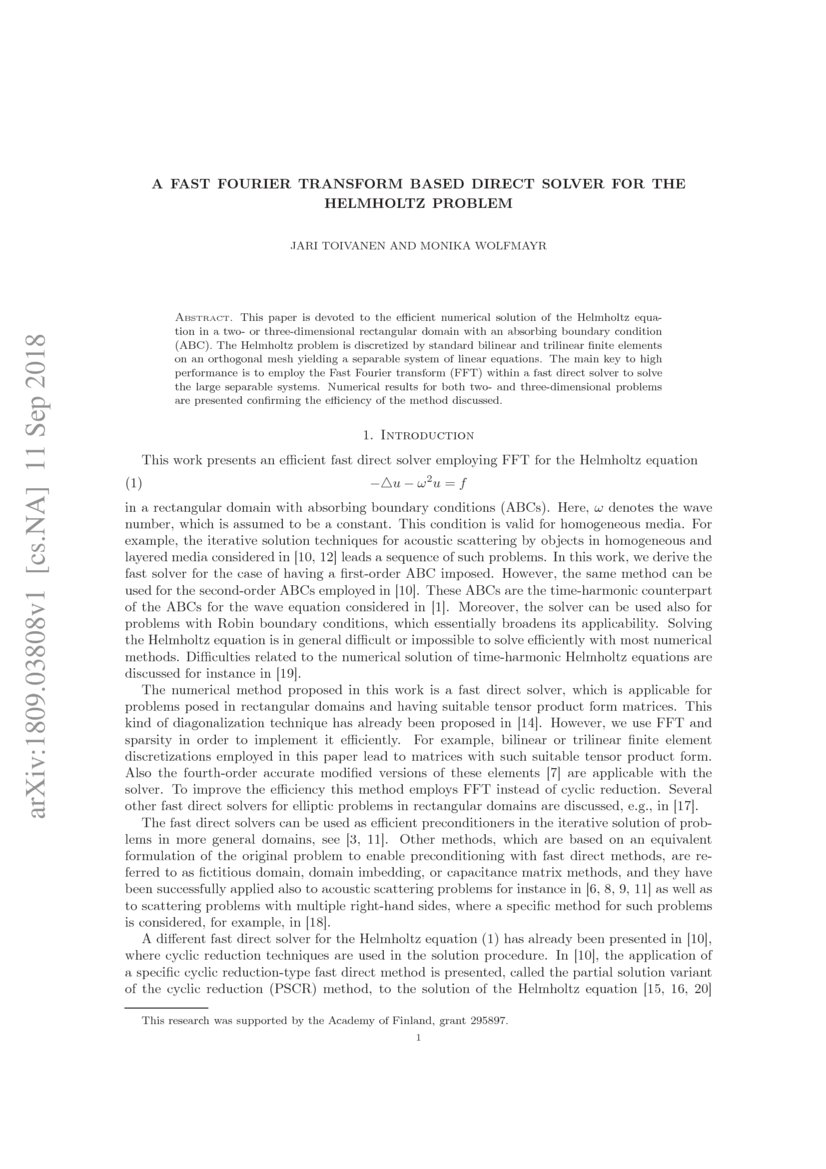 A fast Fourier transform based direct solver for the Helmholtz problem | DeepAI