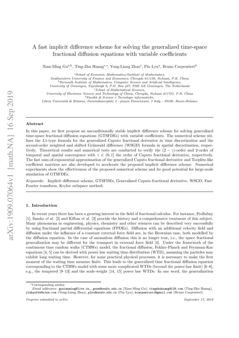 A Fast Implicit Difference Scheme For Solving The Generalized Time