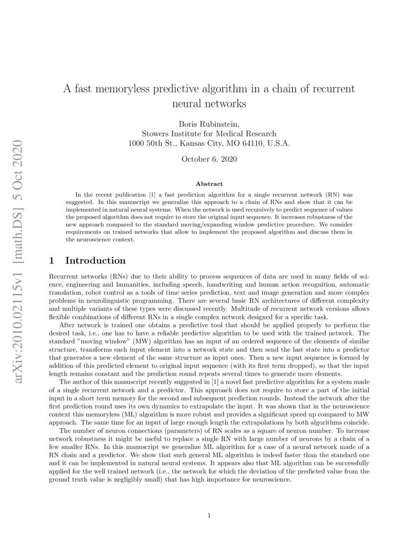 A Fast Memoryless Predictive Algorithm In A Chain Of Recurrent Neural 1470