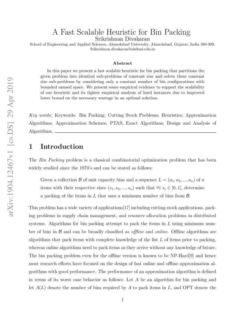 A Fast Scalable Heuristic for Bin Packing | DeepAI