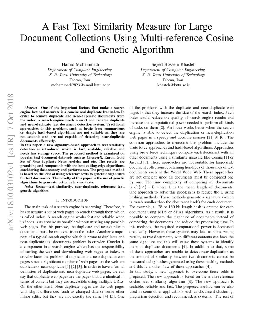 A Fast Text Similarity Measure for Large Document Collections using Multi-reference Cosine and ...