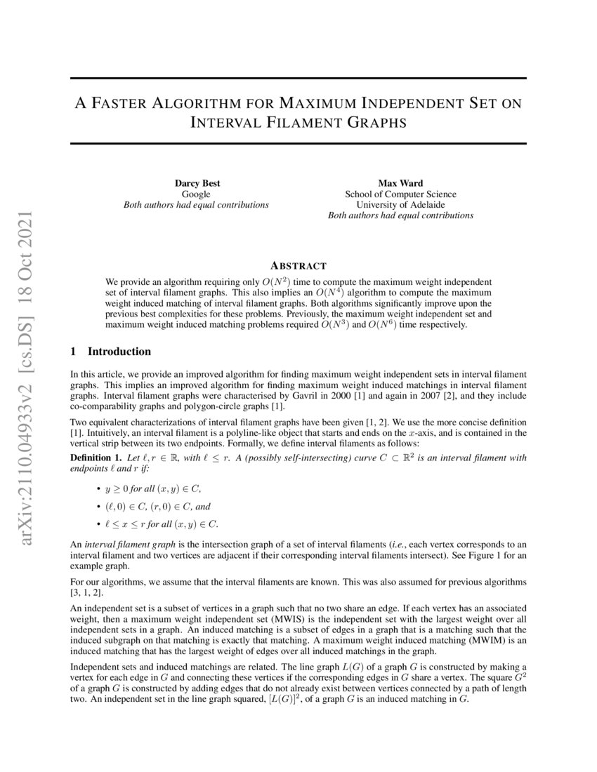A Faster Algorithm For Maximum Independent Set On Interval Filament Graphs Deepai