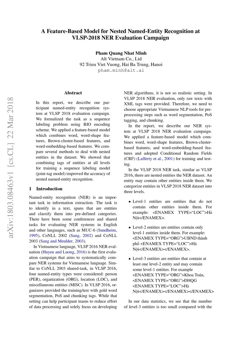 A Feature Based Model For Nested Named Entity Recognition At Vlsp 2018 Ner Evaluation Campaign 1498