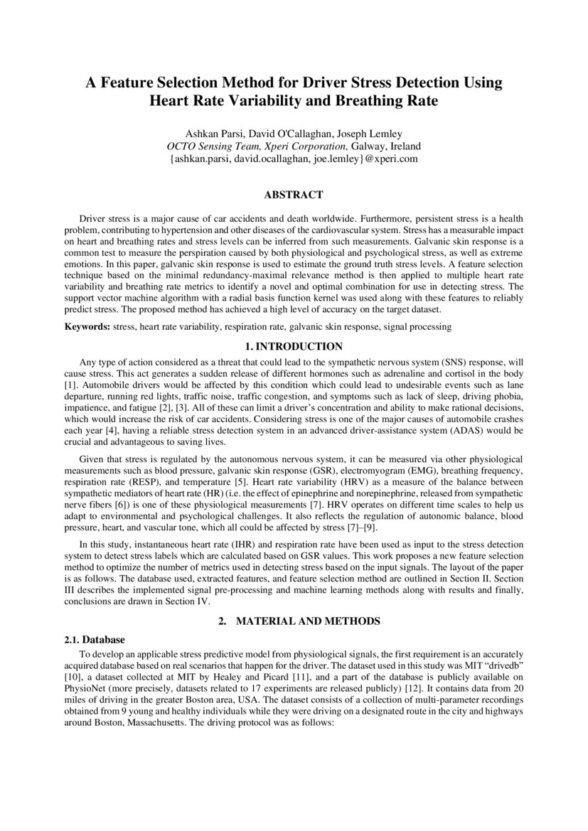 A Feature Selection Method For Driver Stress Detection Using Heart Rate