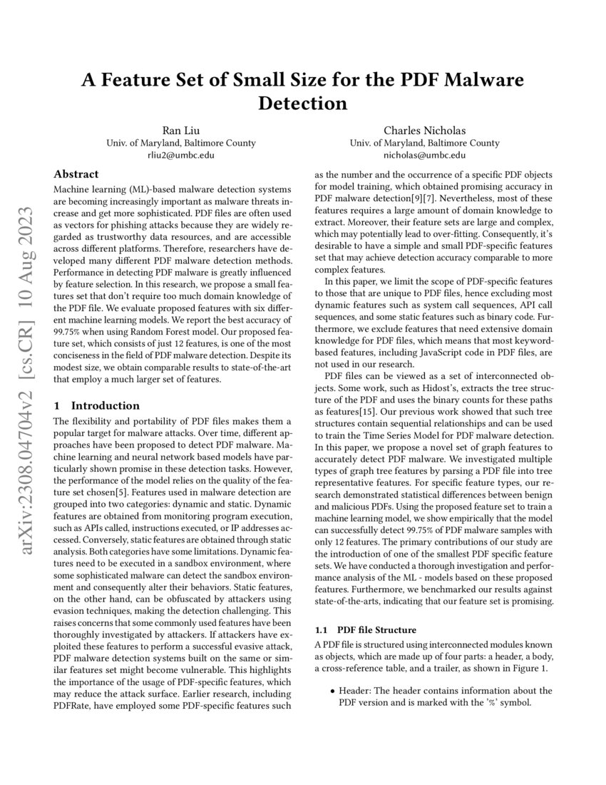 A Feature Set Of Small Size For The Pdf Malware Detection Deepai