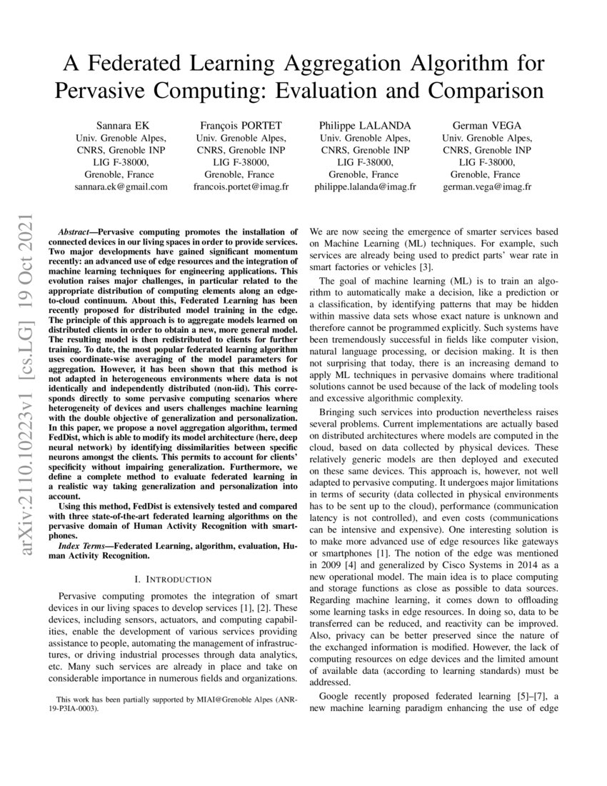 A Federated Learning Aggregation Algorithm For Pervasive Computing Evaluation And Comparison