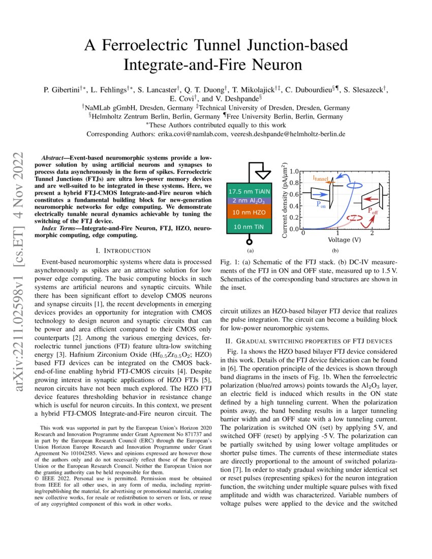 A Ferroelectric Tunnel Junction-based Integrate-and-Fire Neuron | DeepAI