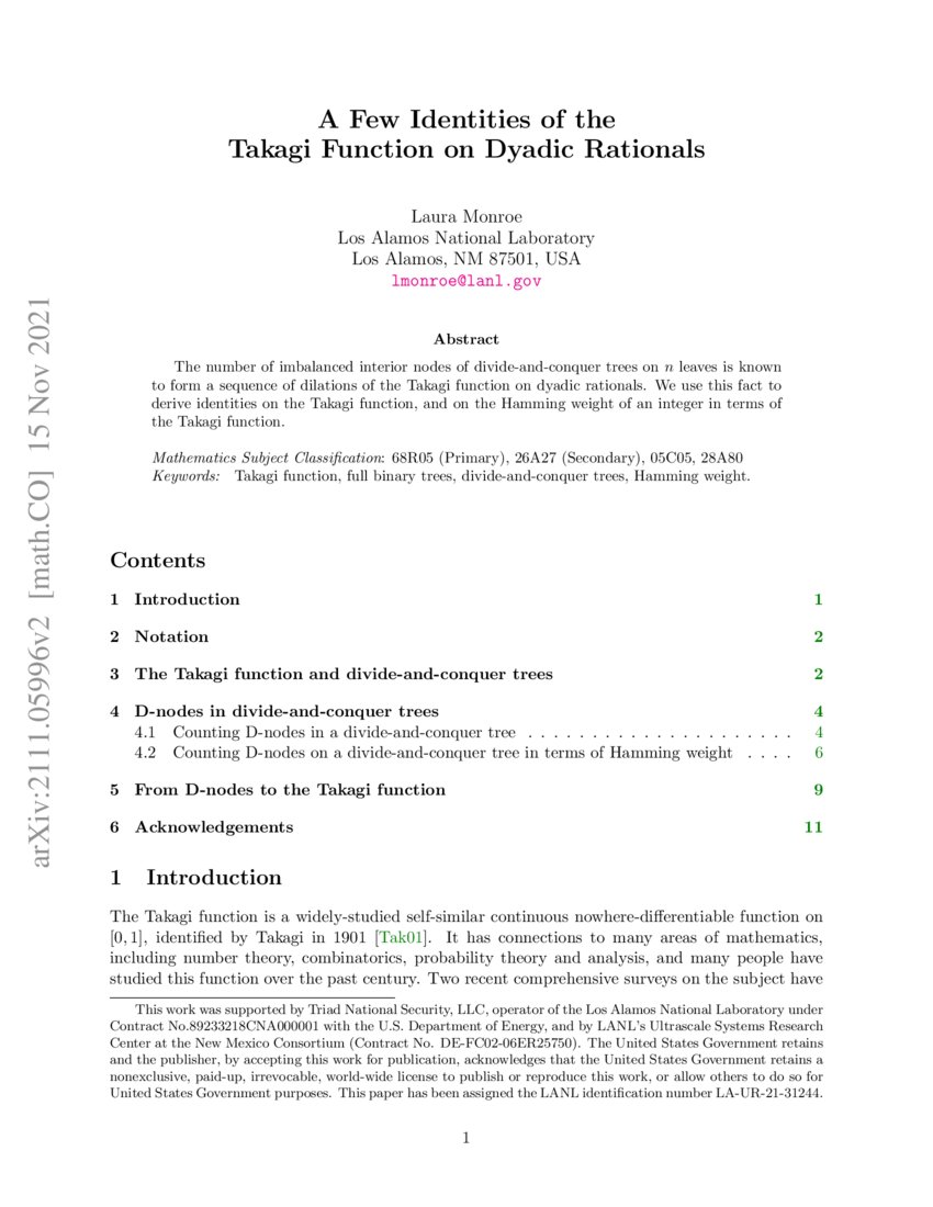A Few Identities of the Takagi Function on Dyadic Rationals | DeepAI