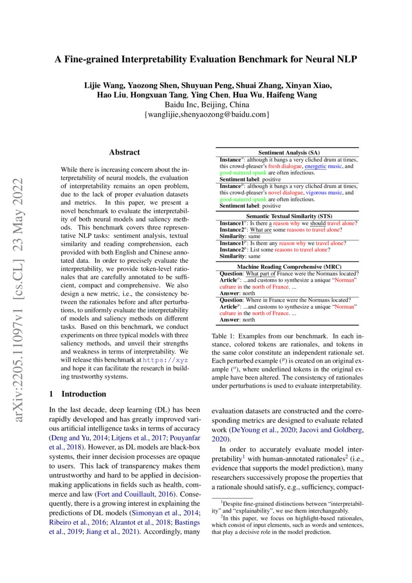 A Fine-grained Interpretability Evaluation Benchmark for Neural NLP | DeepAI