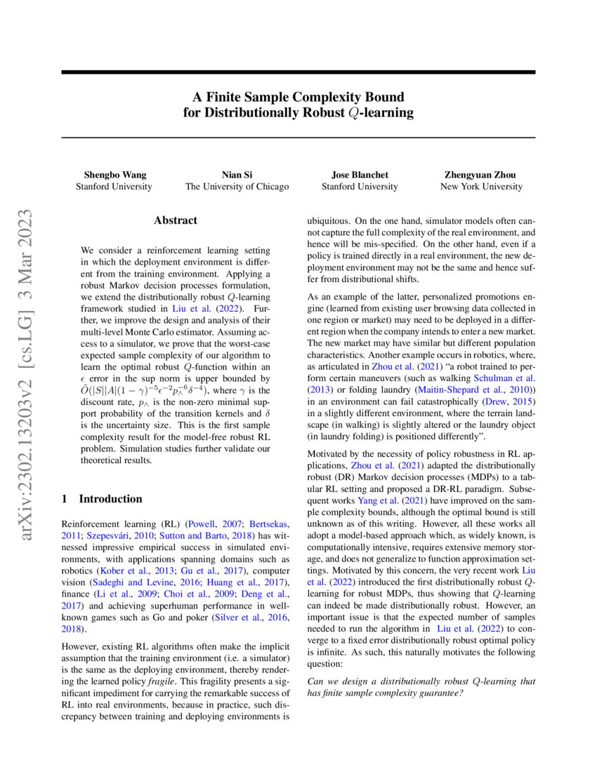 A Finite Sample Complexity Bound for Distributionally Robust Q-learning ... A Finite Sample Complexity Bound for Distributionally Robust Q-learning ...