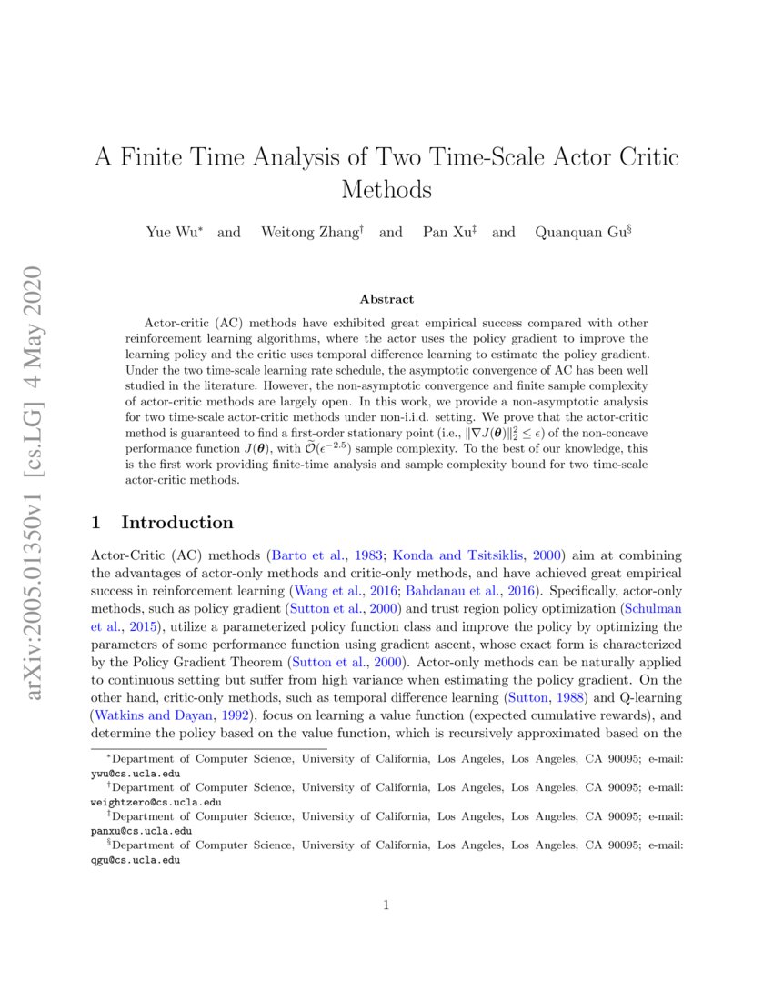 A Finite Time Analysis Of Two Time Scale Actor Critic Methods Deepai