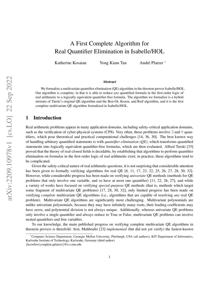 A First Complete Algorithm for Real Quantifier Elimination in Isabelle/HOL | DeepAI