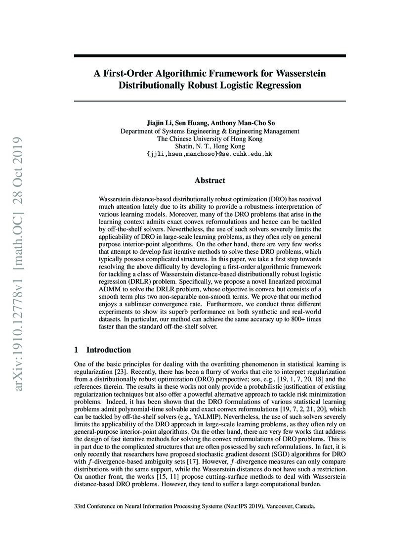 A First Order Algorithmic Framework For Wasserstein Distributionally Robust Logistic Regression 