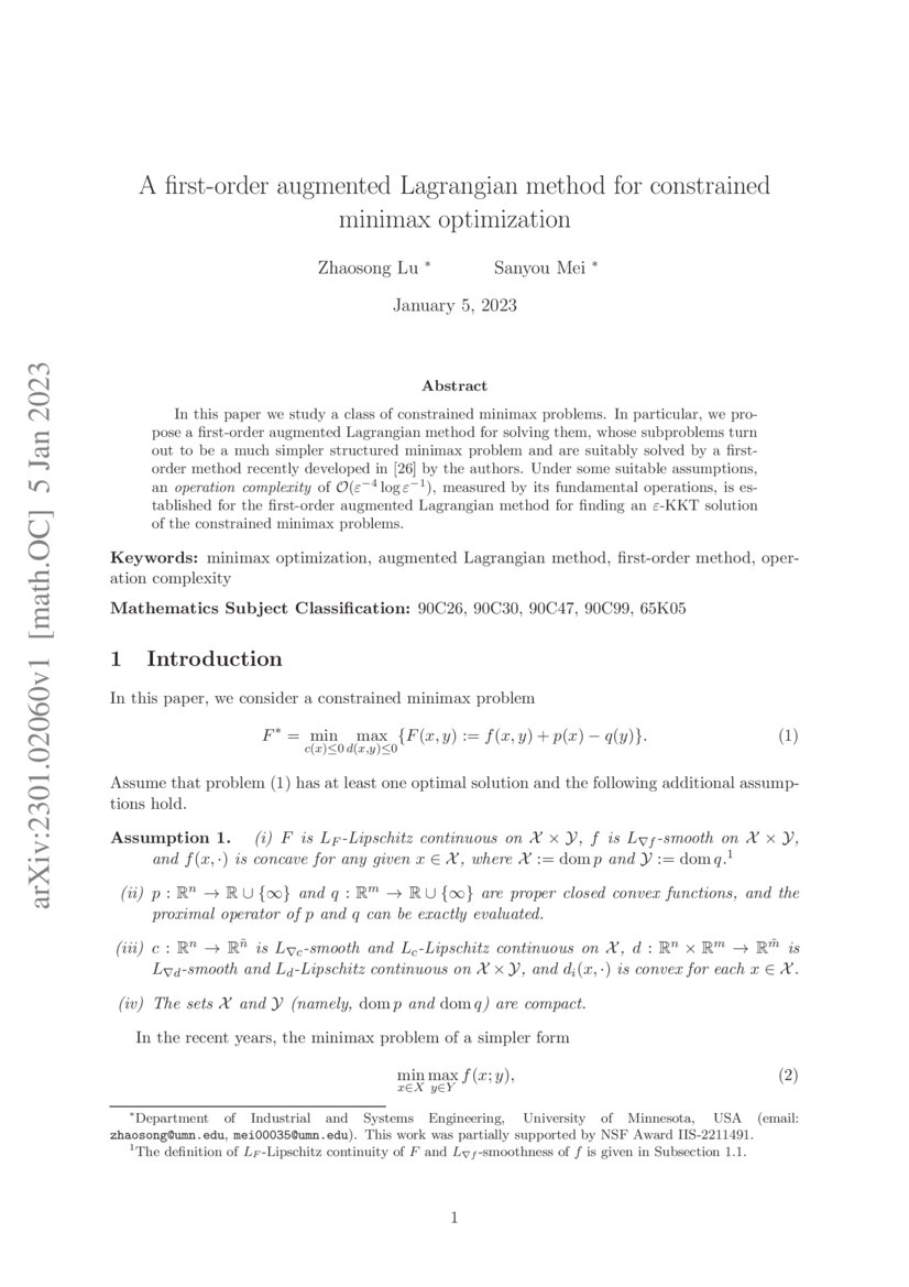 A First Order Augmented Lagrangian Method For Constrained Minimax Optimization Deepai