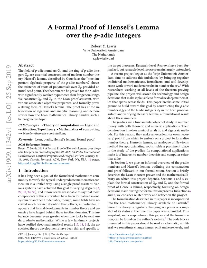 A formal proof of Hensel's lemma over the p-adic integers | DeepAI