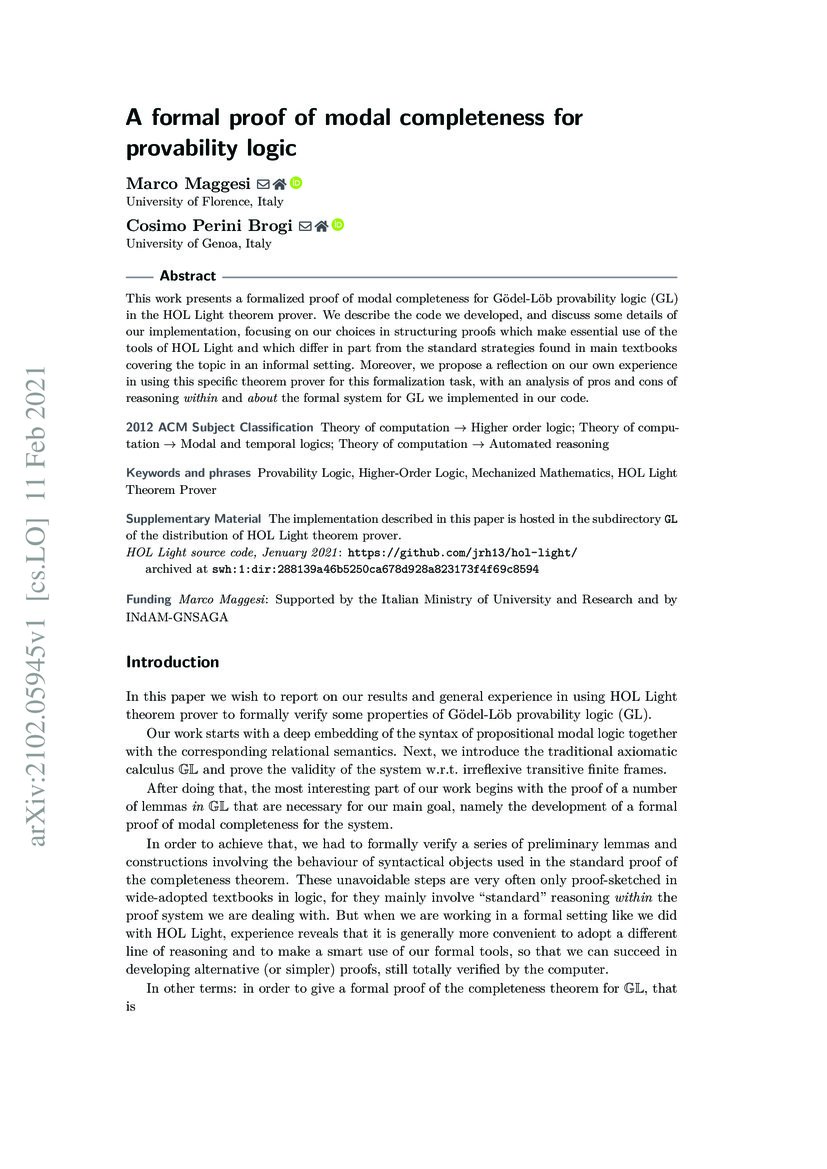 A formal proof of modal completeness for provability logic | DeepAI