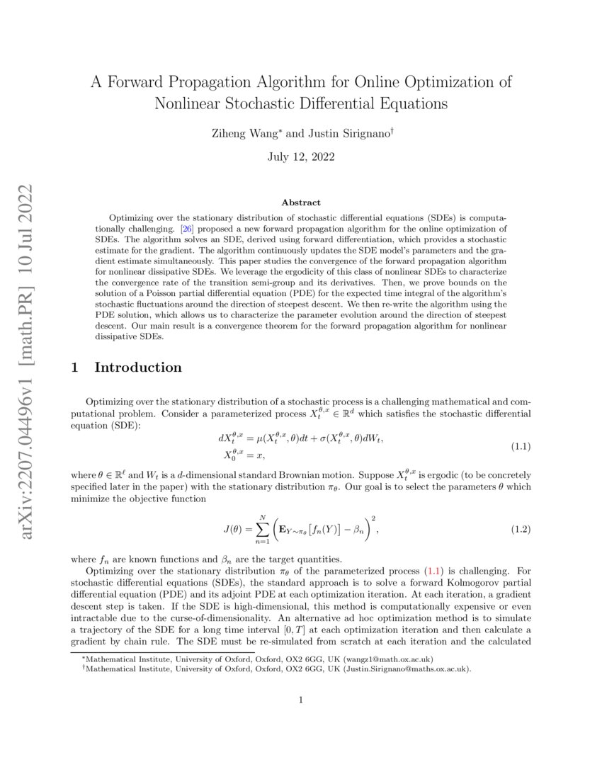 A Forward Propagation Algorithm For Online Optimization Of Nonlinear Stochastic Differential