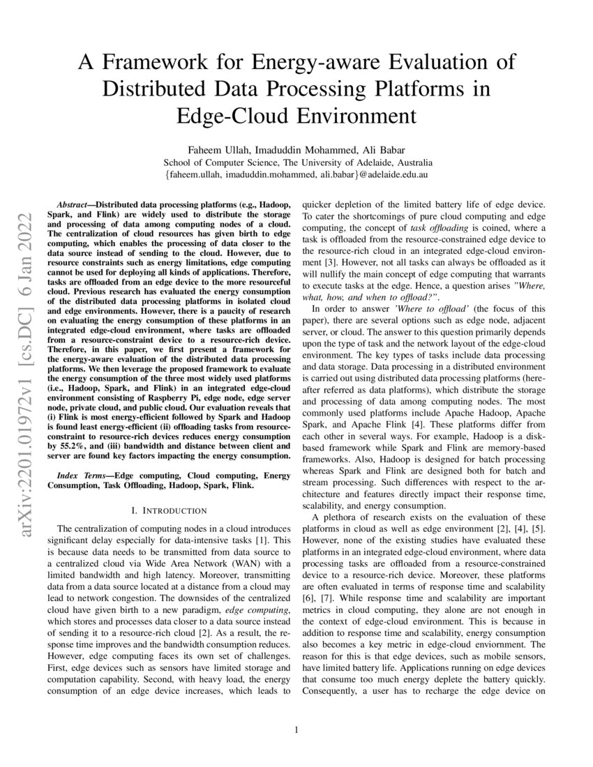 A Framework For Energy Aware Evaluation Of Distributed Data Processing Platforms In Edge Cloud