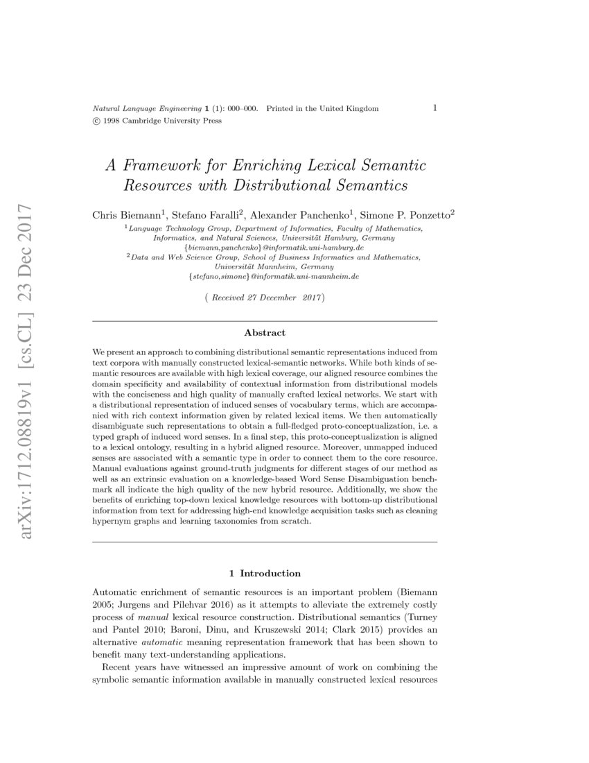 A Framework For Enriching Lexical Semantic Resources With Distributional Semantics Deepai