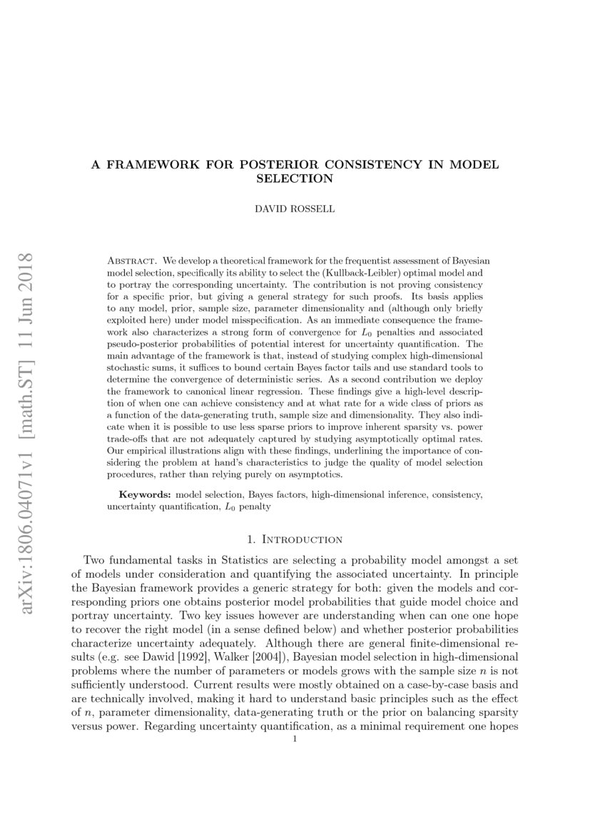 A Framework For Posterior Consistency In Model Selection Deepai
