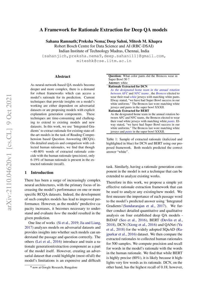 A Framework For Rationale Extraction For Deep Qa Models Deepai 