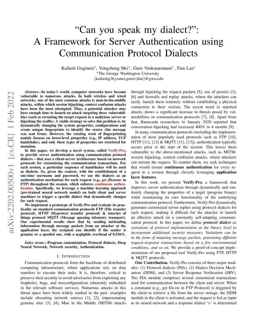 A Framework For Server Authentication Using Communication Protocol Dialects Deepai