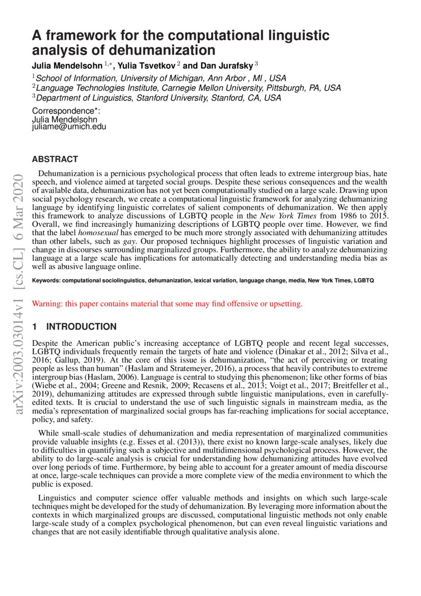 A Framework for the Computational Linguistic Analysis of Dehumanization ...