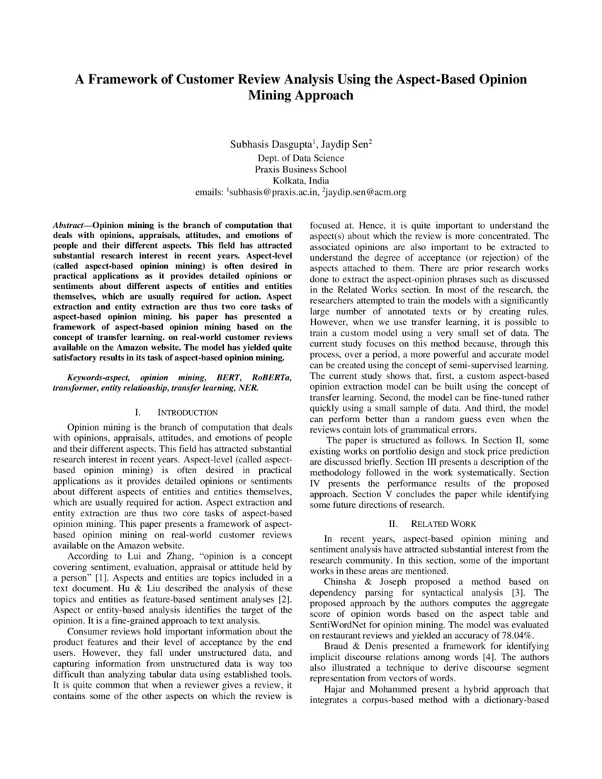 A Framework Of Customer Review Analysis Using The Aspect Based Opinion Mining Approach Deepai