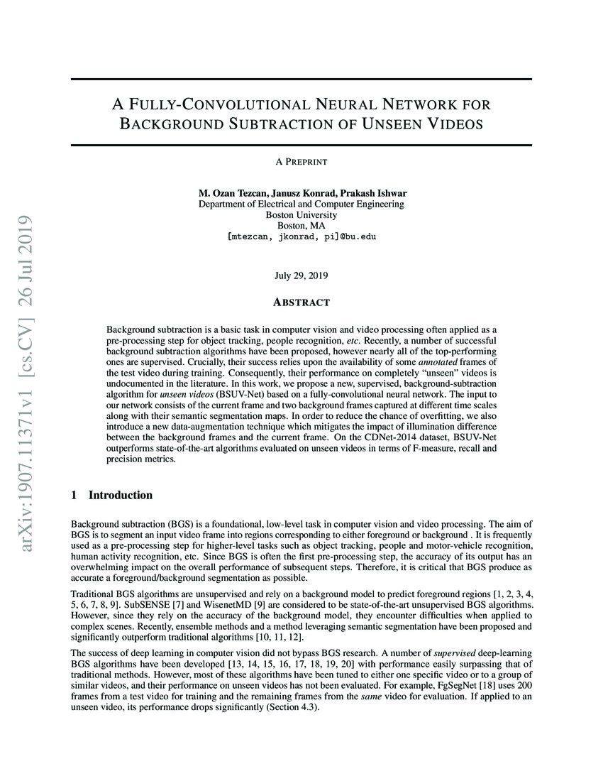 A Fully Convolutional Neural Network For Background Subtraction Of Unseen Videos Deepai