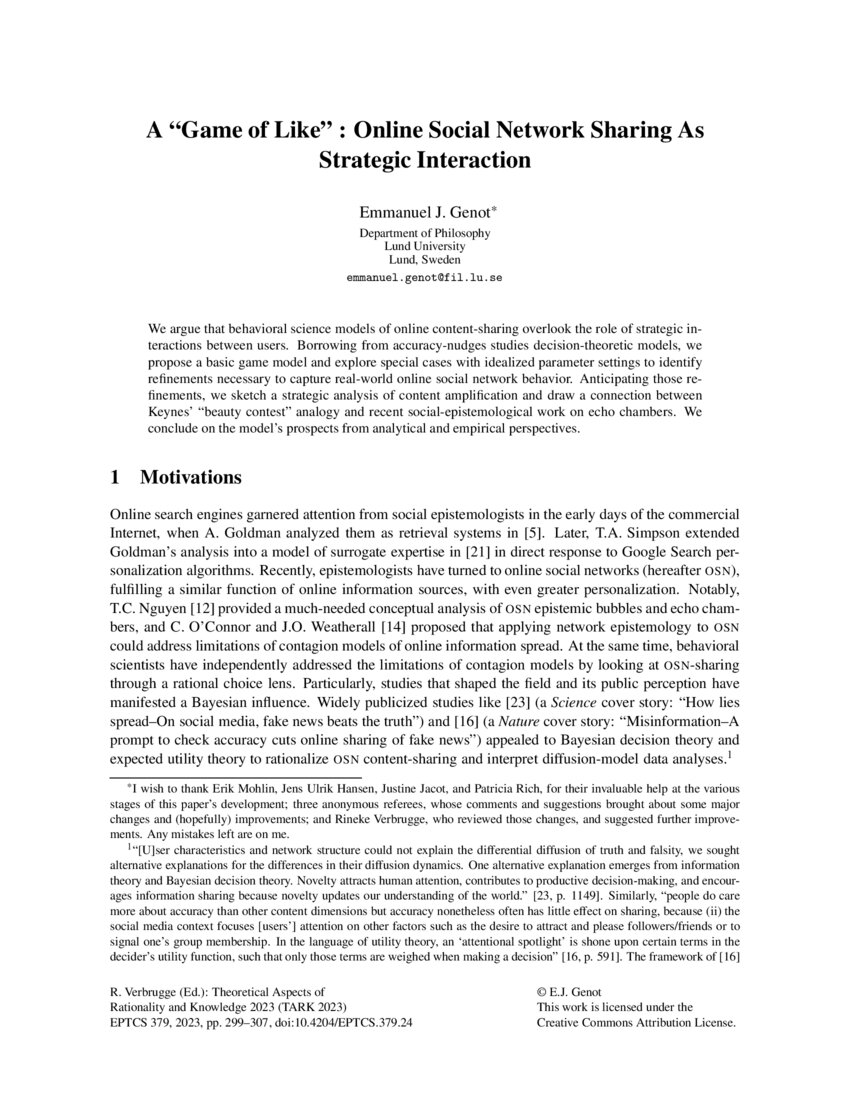 A "Game of Like" : Online Social Network Sharing As Strategic ...